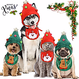 Lauwell 4 Pcs Christmas Dog Pet Costume Include 2 Christmas Tree Hat Small Dog Headgear and 2 Adjustable Collars Bib Santa Elf Cat Bib for Xmas Dog Cat Outfit Clothing Party Accessory