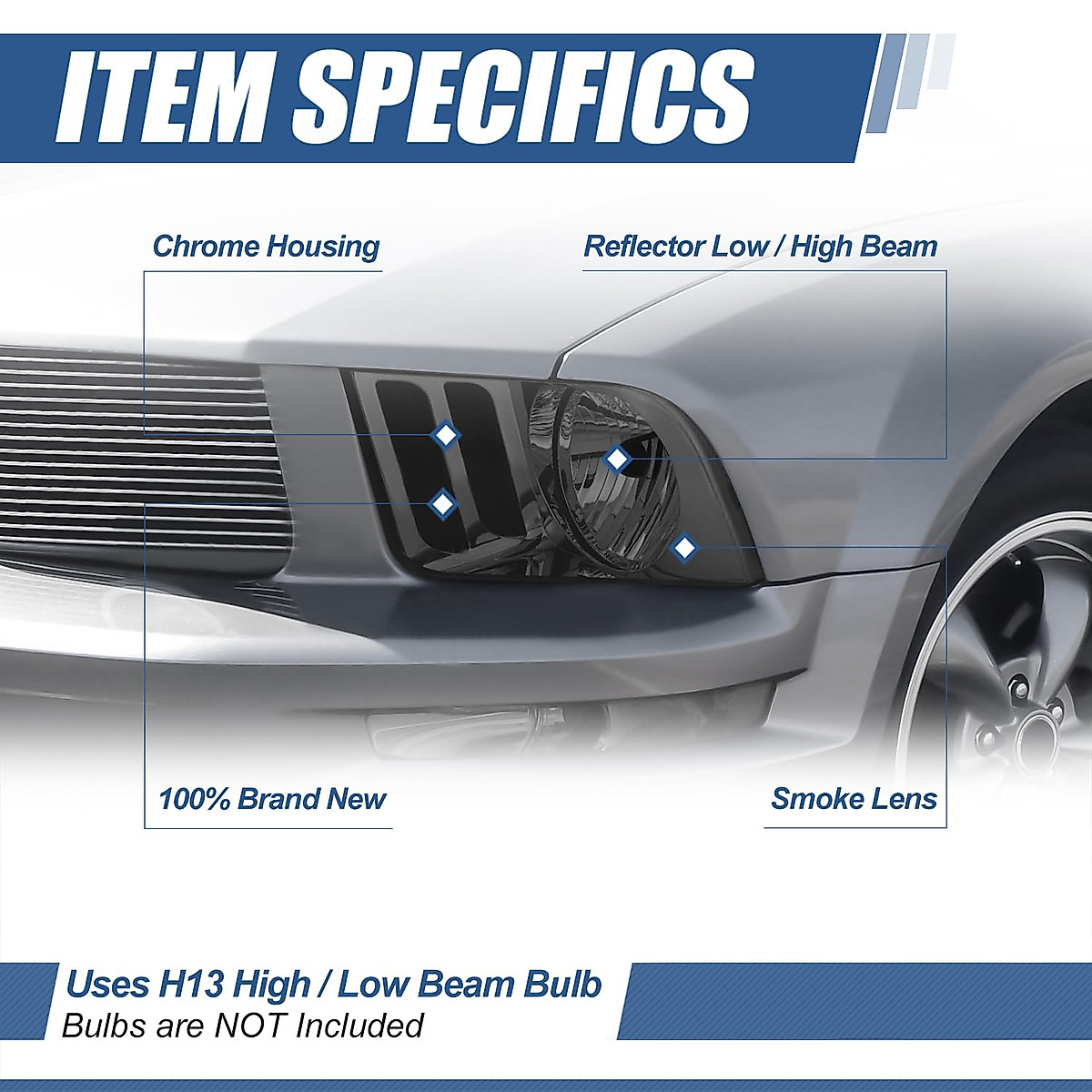 Auto Dynasty Factory Style Halogen Headlights Assembly Compatible with Ford Mustang Pony 5th Gen 2005-2009, Driver and Passenger Side, Smoked Lens Clear Corner