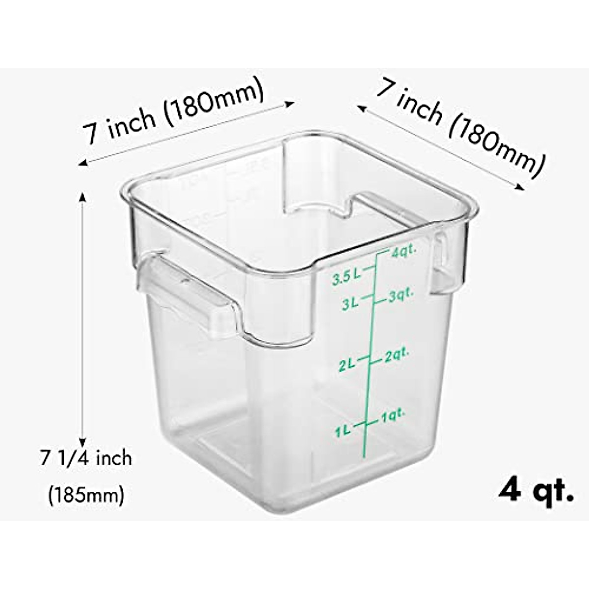 CURTA 4 Pack Food Storage Container with Green Lid - NSF Commercial Grade in 4.0 Qt - Square, Clear, Polycarbonate