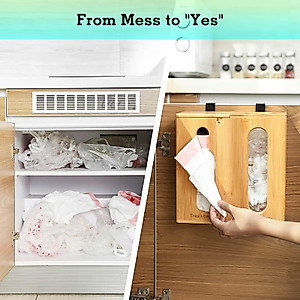 Grocery Bag Holder & Trash Bag Dispenser-2 in 1-Bamboo Plastic Bag Holder with Large Storage Capacity and Wall-Mounted Design, Grocery Plastic Bag Dispenser for Kitchen and Laundry Room Organization