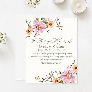 Hello Love Goods Soft Pink and Orange Floral Sympathy Thank You Cards, 4.25x5.5 Flat Personalized Funeral Thank You Cards with Envelopes