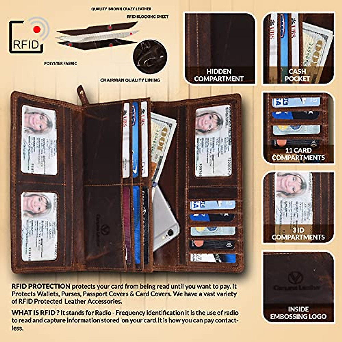 RFID Leather Clutch Wallet for Women-Credit Card Slots Coin Purse with ID Window (COGNAC VINTAGE)