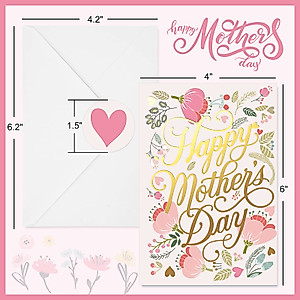AnyDesign Greeting Card, 16 Pack Foil Gold Mother's Day Card with Stickers & Envelopes, Floral Blank Note Cards Assortment for Birthday Celebration, 4 x 6 Inch