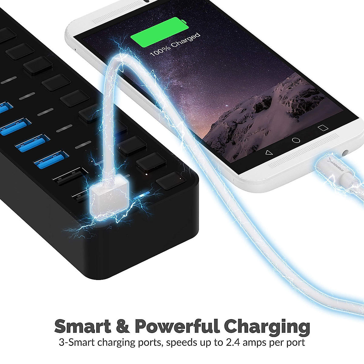60W 10 Port USB 3.0 Hub Includes 3 Smart Charging Ports with Individual Power Switches and LEDs and 60W 12V/5A Power Adapter+USB 3.0 Micro SD and SD Card Reader