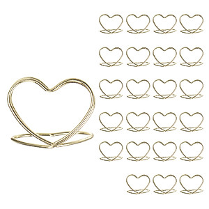 HARFINGTON 24pcs Table Number Holders 1.18 Inch 30mm Tall Double Heart Shape Steel Photo Holders for Centerpieces Table Place Card Holders for Wedding Reception Party Office Home, Gold Tone