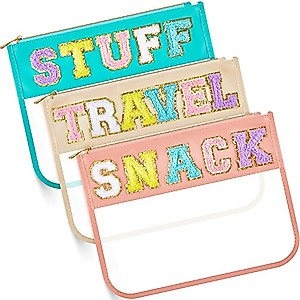 3 Pcs Chenille Letter Clear Zipper Pouch for Travel Waterproof Cosmetic Pouch Clear Snack Bags Nylon Travel Gym Beach Bag Multipurpose Makeup Bag for Women Girl (Soft Color, Travel, Stuff, Snack)