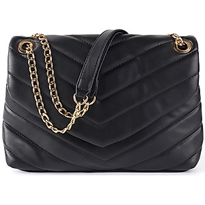 Quilted Crossbody Bag for Women, Soft Vegan Leather Chevron Purses, Trendy Shoulder Handbags with Gold Chain Strap (Black)