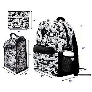 RALME Grey Gaming Camo Backpack Set for Boys & Girls, 16 inch, 6 Pieces - Includes Foldable Lunch Bag, Water Bottle, Key Chain, & Pencil Case