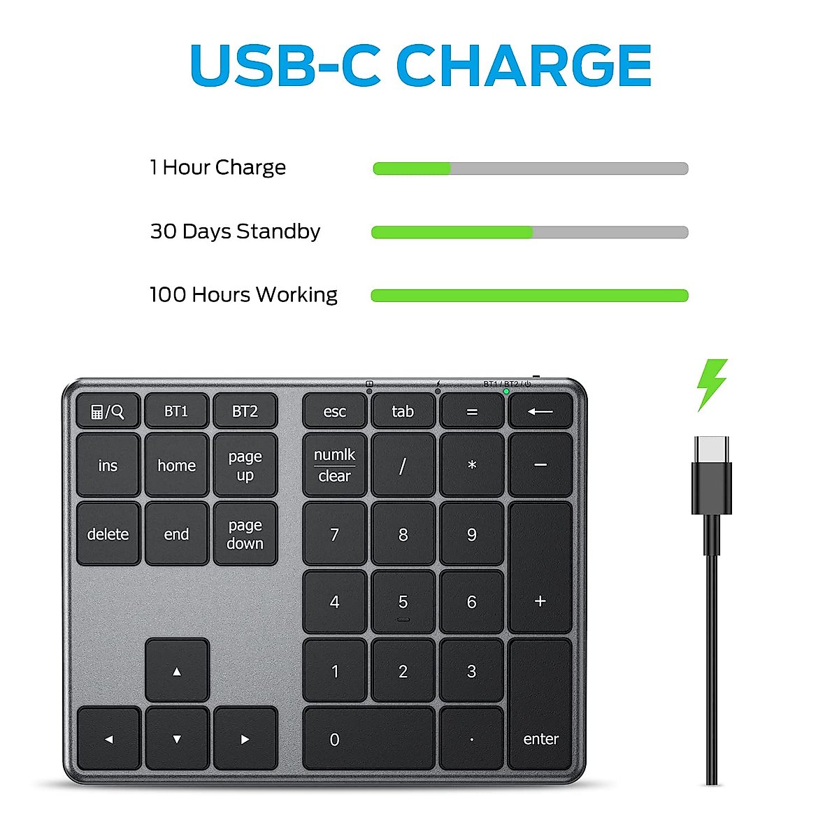 iClever Number Pad, Aluminum Wireless Number Pad for Multi Devices, USB-C Rechargeable, External 34-Keys Bluetooth Keyboard for Data Entry, Compatible for Laptop, Mac, iMac, Tablet, PC Desktop