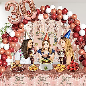 30th Birthday Decorations for Women - Rose Gold Happy 30th Birthday Decor Include Balloon Garland Arch Kit,30th Birthday Backdrop,Tablecloth,Number 30 Foil Confetti balloon 30 Years Old Party Supplies