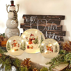 YEAHOME Christmas Decorations Indoor, Set of 3 Crackle Glass Ball with LED Lights Christmas Snowman Home Decor, Christmas Table Decorations Lighted Globes with Timer for Mantel Fireplace Tabletop