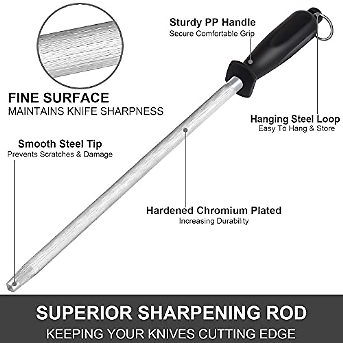 Honing Steel Knife Sharpening Rod 12 inches, Premium Carbon Steel Knife Sharpener Stick, Easy to Use Honer for Knives and Rod Sharpeners - Daily Maintenance