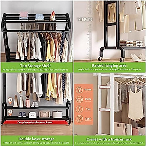 HM&DX Clothes Rack with Wheels,Double Rods Clothing Rack for Hanging Clothes,Heavy Duty Clothes Garment Racks,Industrial Pipe Clothes Rack,Metal Rolling Clothing Racks Organizer for Clothes Shoes
