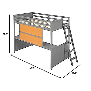 Lifeand Twin Size Loft Bed with Desk and Writing Board, Wooden Loft Bed with Desk,Gray