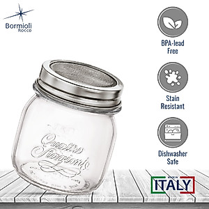 Bormioli Rocco Quattro Stagioni Set Of 2 Mason Jars, Stainless Steel Mesh Lid Sprouting Strainer - Sifter - Sieve Lid, 8.5 Oz. Durable Glass, Made In Italy.
