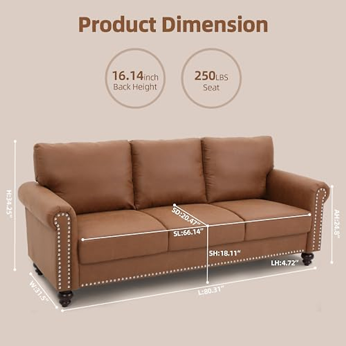 INMOZATA Leather Sofa Couch 80" Mid-Century Modern Sofa Wood Couches with with Nailhead Trim, Upholstery 3-Seater Sofa for Living Room, Apartment, Lounge Room,Light Brown