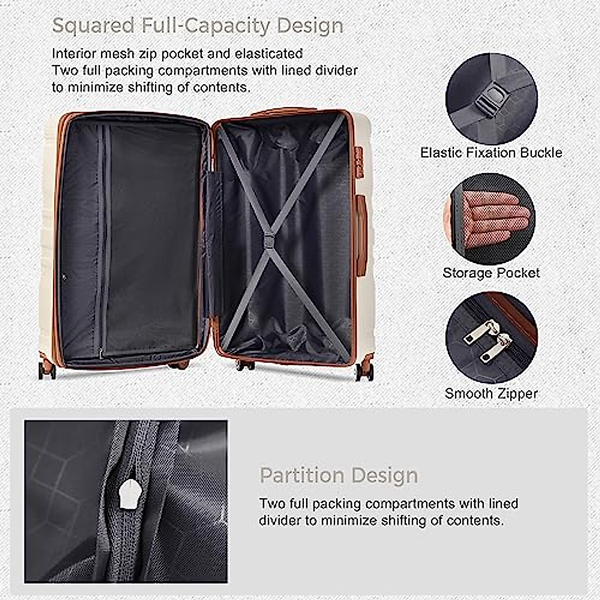 Merax Luggage Sets 3 Piece Suitcase, Hardside Suit case with Spinner Wheels Lightweight TSA Lock, Ivory/Brown, 20/24/28 Inch