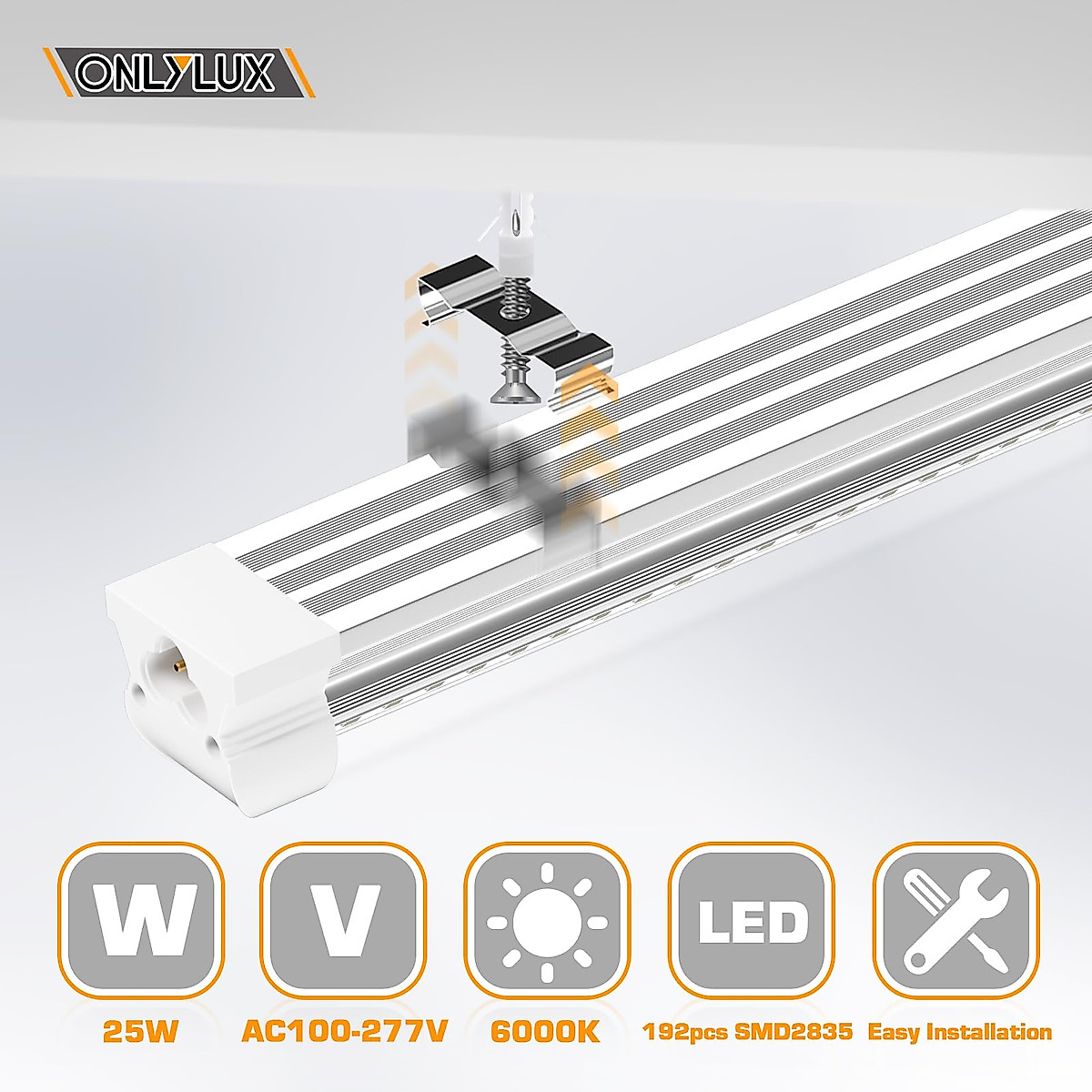 ONLYLUX LED Shop Lights, LED Tube Light 25W 6000K, Led Garage Light, Super Bright, Under Cabinet Lighting, Linkable with Plug LED Light for Workbench Workshop Basement (2 Pack)