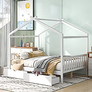 Merax Full Size House Platform Bed Frames with with Two Drawers, Headboard and Footboard/No Box Spring Needed/Easy Assembly