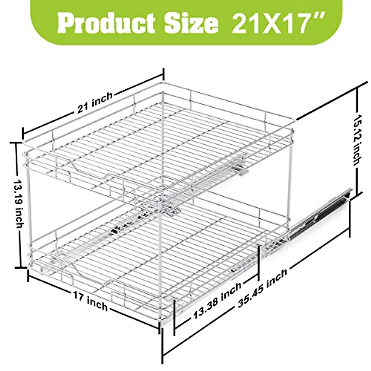 BONADOM 2 Tier Pull Out Cabinet Organizer(21''Dx17''W) Heavy Duty Slide Out Drawers for Kitchen Cabinets Storage Roll Out Shelf Rack Storage for Pots, Pans, PullOut Cupboard Organizer