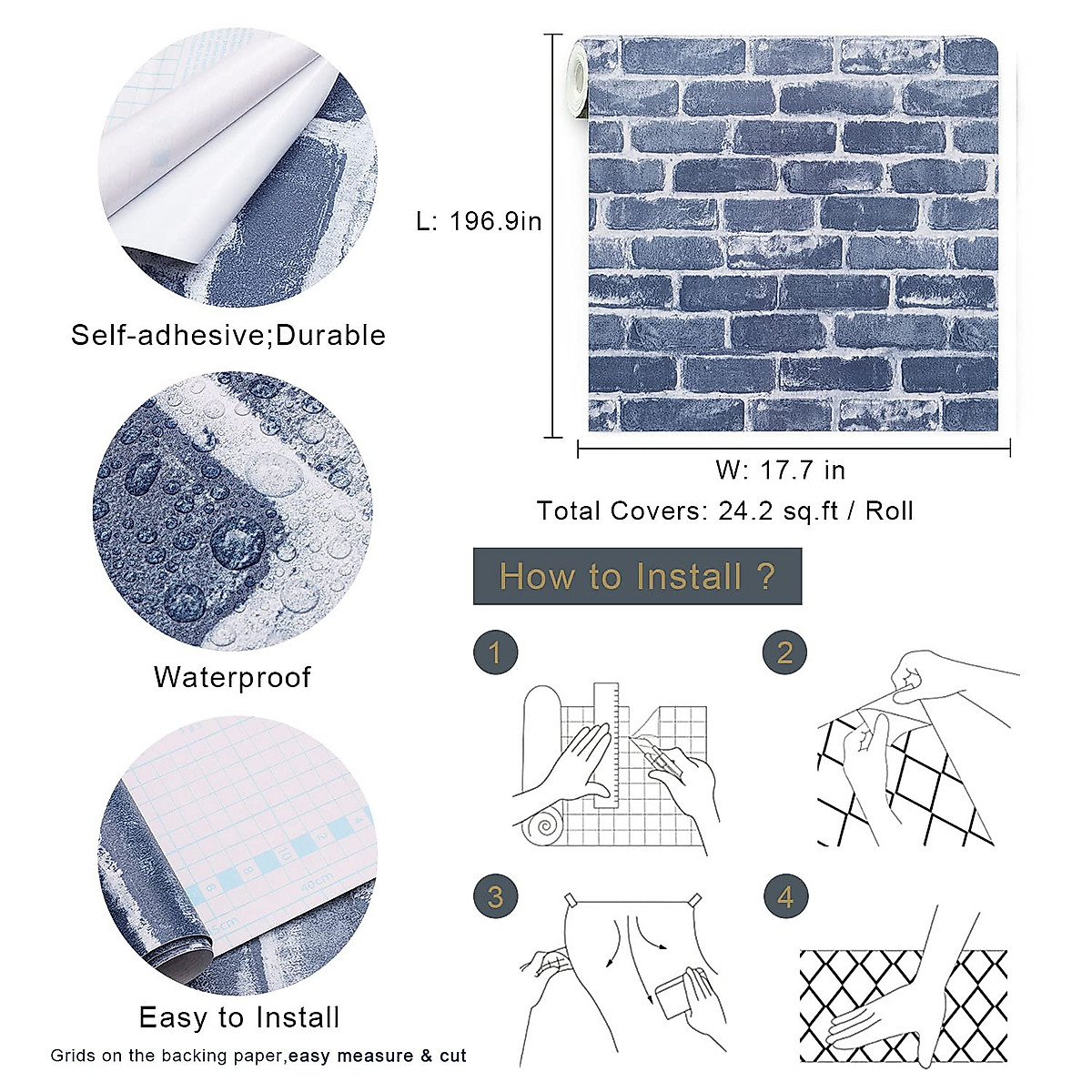 Timeet Brick Wallpaper Peel and Stick Wallpaper Blue Self-Adhesive Wallpaper 17.7" x 197" Removable Wallpaper Faux Brick Wallpaper for Bedroom Living Room Decor Vinyl Roll