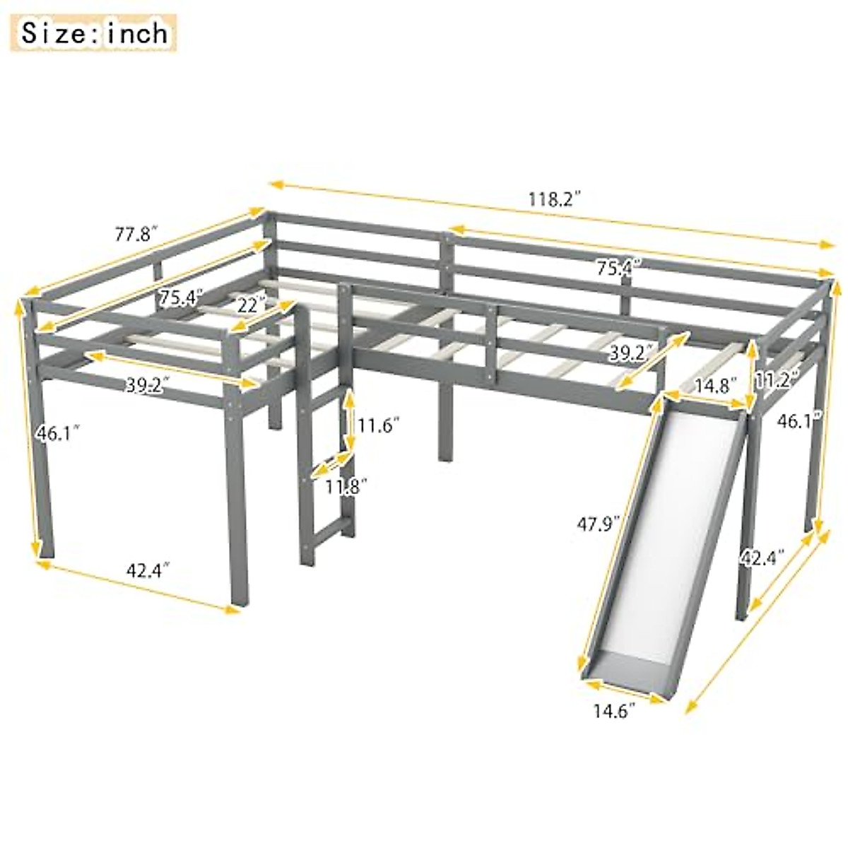 BOVZA L-Shaped Double Twin Size Loft Bed with Slide, Wooden Low Loft Bed Frame with Built-in Ladder and Safety Guardrail for 2 Kids Girls or Boys, Gray