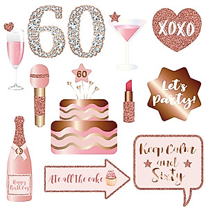 60th Birthday Party Photo Booth Props and Signs, Rose Gold 60 Birthday Party Selfie Props Kit with Sticks for Girls Women, Sixty 60th Happy Birthday Party Decorations Supplies Favors