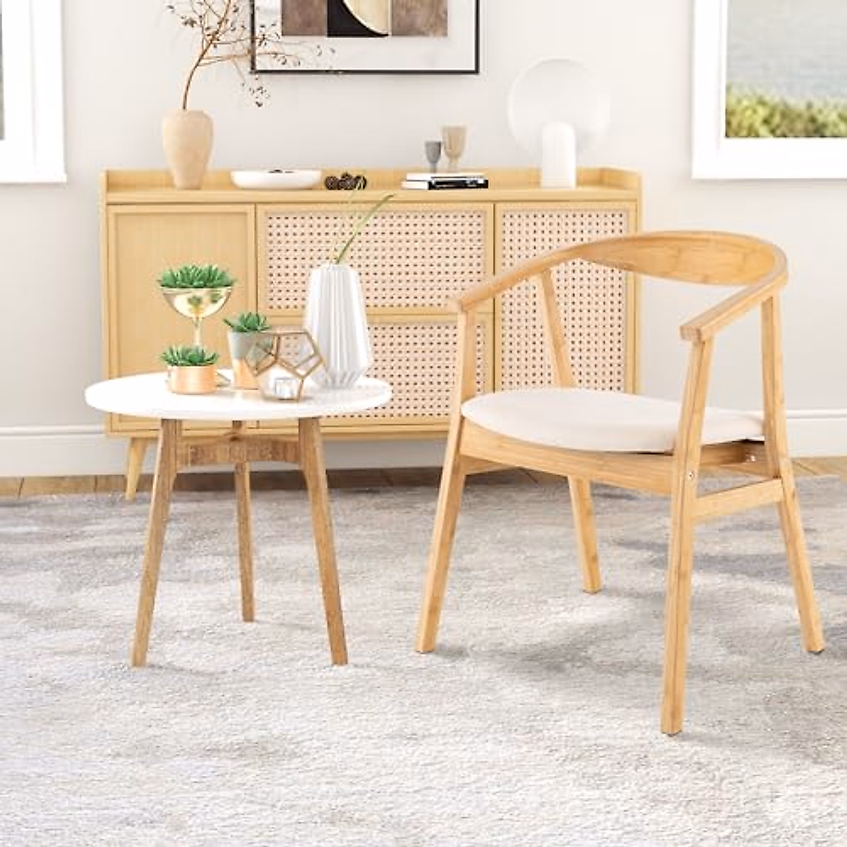 Giantex Bamboo Accent Chair - Wood Natural Boho Accent Dining Chairs with Armrest and Curved Backrest, Accent Arm Chair for Living Room, Dining Room, Small Space