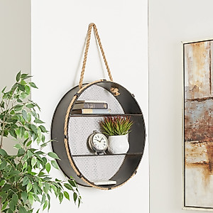 Deco 79 Metal Round 2 Shelves Wall Shelf with Hanging Rope, 24" x 6" x 24", Black