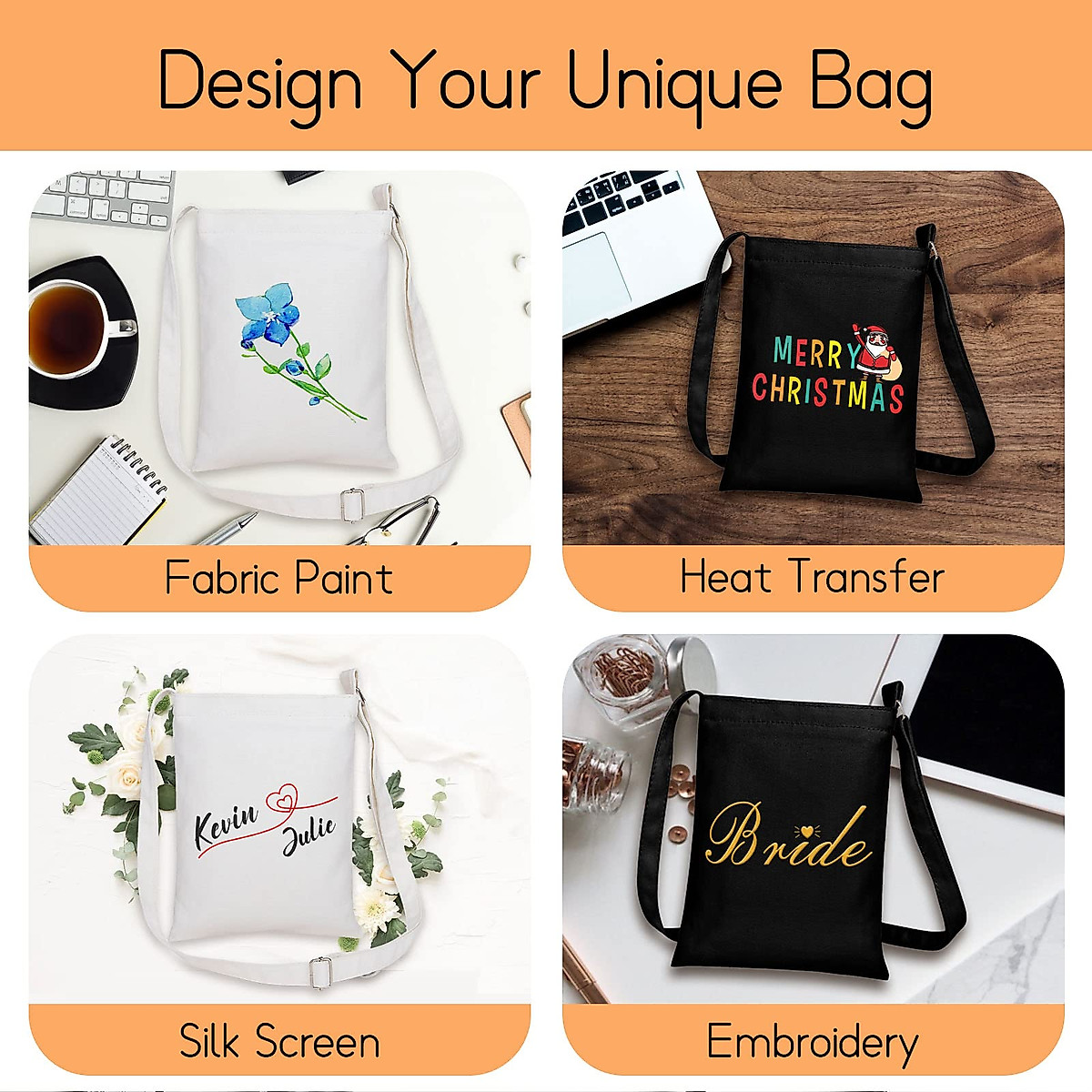 Muka 4 Pack Small Crossbody Canvas Zipper Bag, 7 x 9 Inch Black Bag for DIY Craft