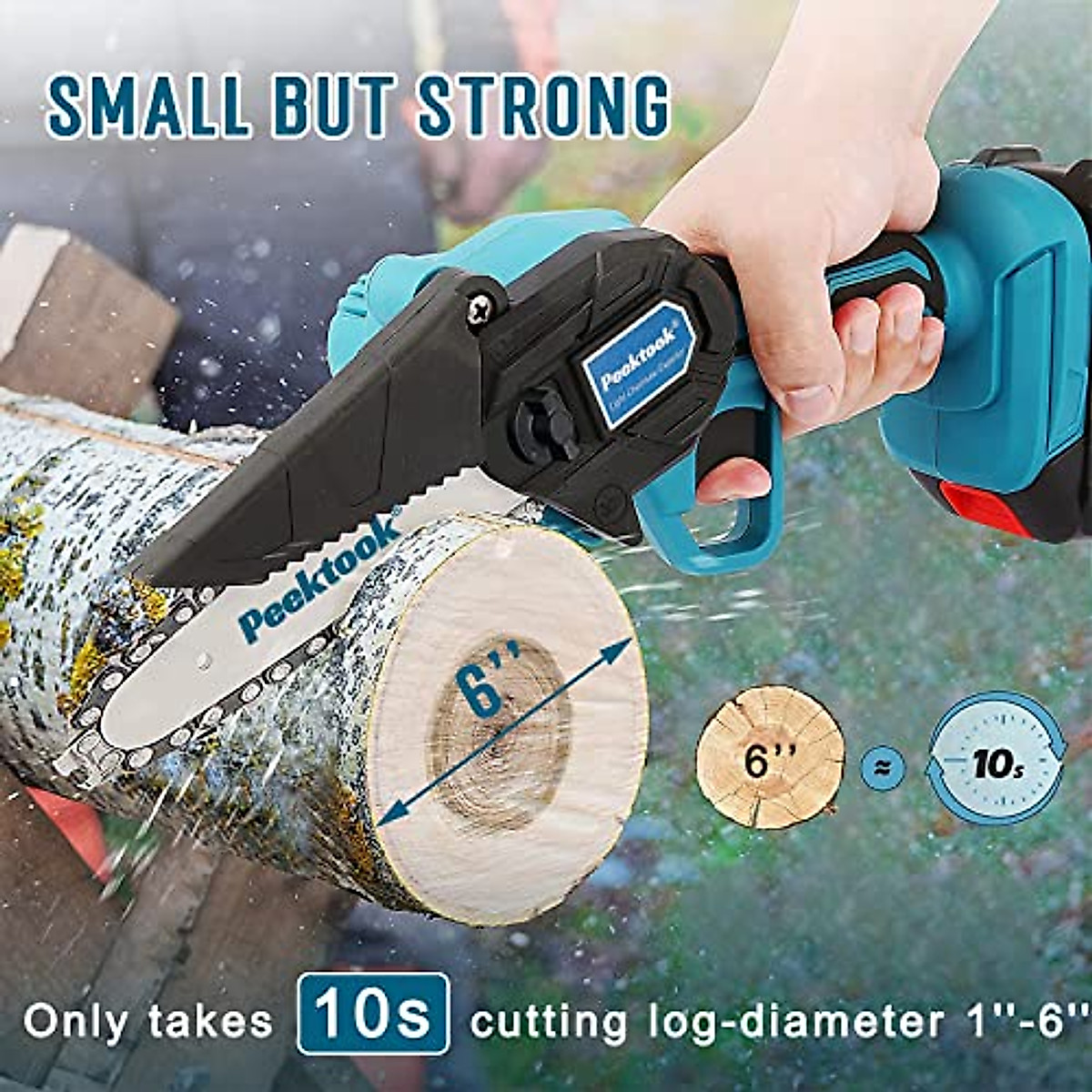 Mini Chainsaw 6-Inch, Peektook Electric Chainsaw Cordless Chain saw with 2 Large Capacity Battery & 2 Chains, Light Weight Battery Chainsaw Mini Saw with Safety Lock and Strong Motor for Tree Trimming