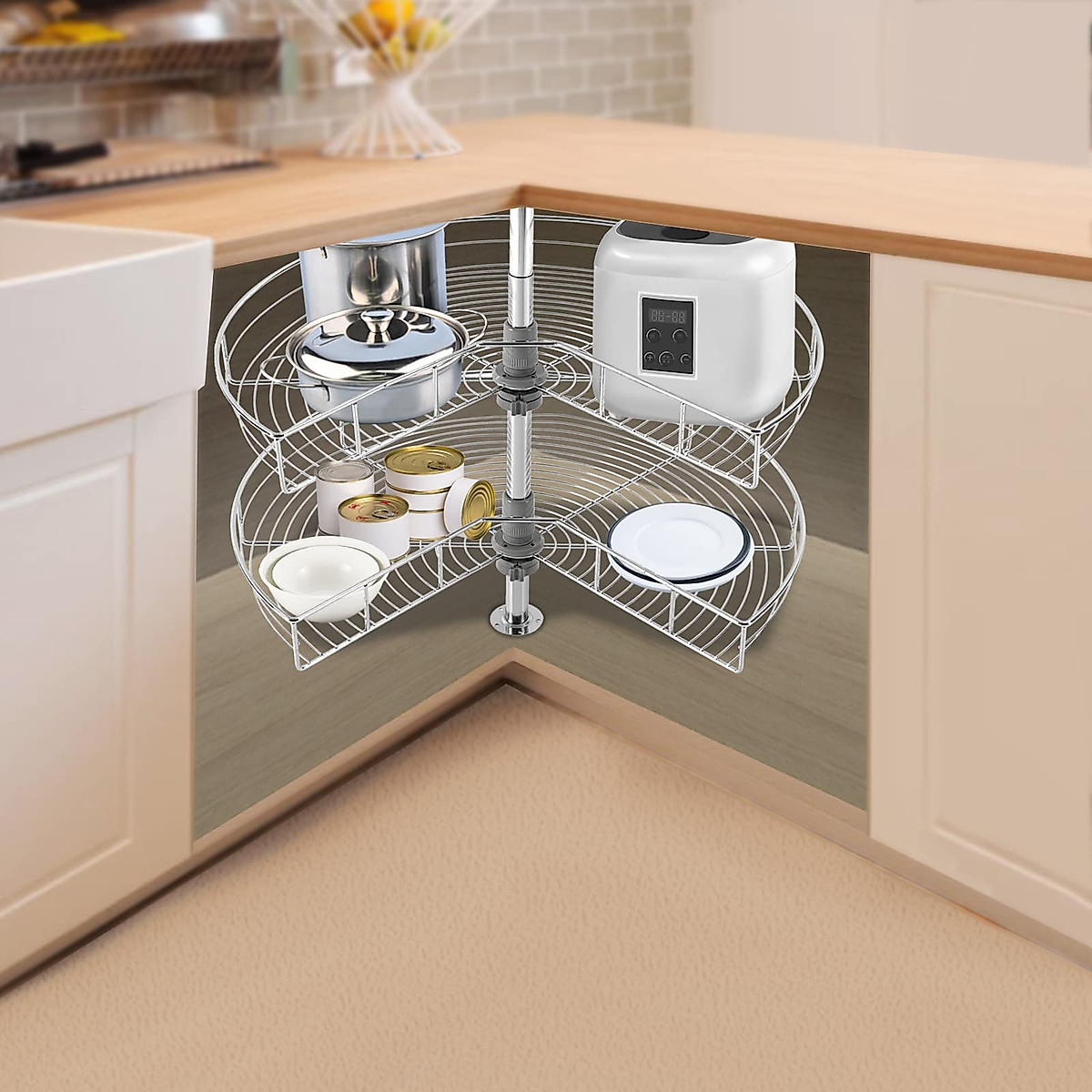 LOYALHEARTDY 28 Inch Lazy Susan Organizer, 2 Tier Lazy Kitchen Base Cabinet Corner Organizer Kitchen Corner Pantry 270° Rotating Basket Rotating Tray Kidney Lazy Susan Turntable for Cabinet