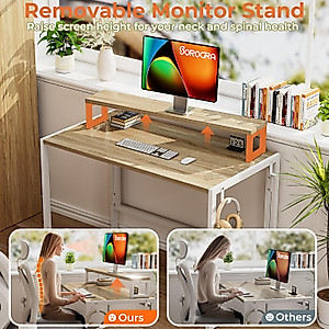 SOROGRA Small Folding Desk 31.5 Inch, Foldable Computer Desks with LED Lights and Monitor Stand, Work Portable Table for Home Office Bedroom, Oak