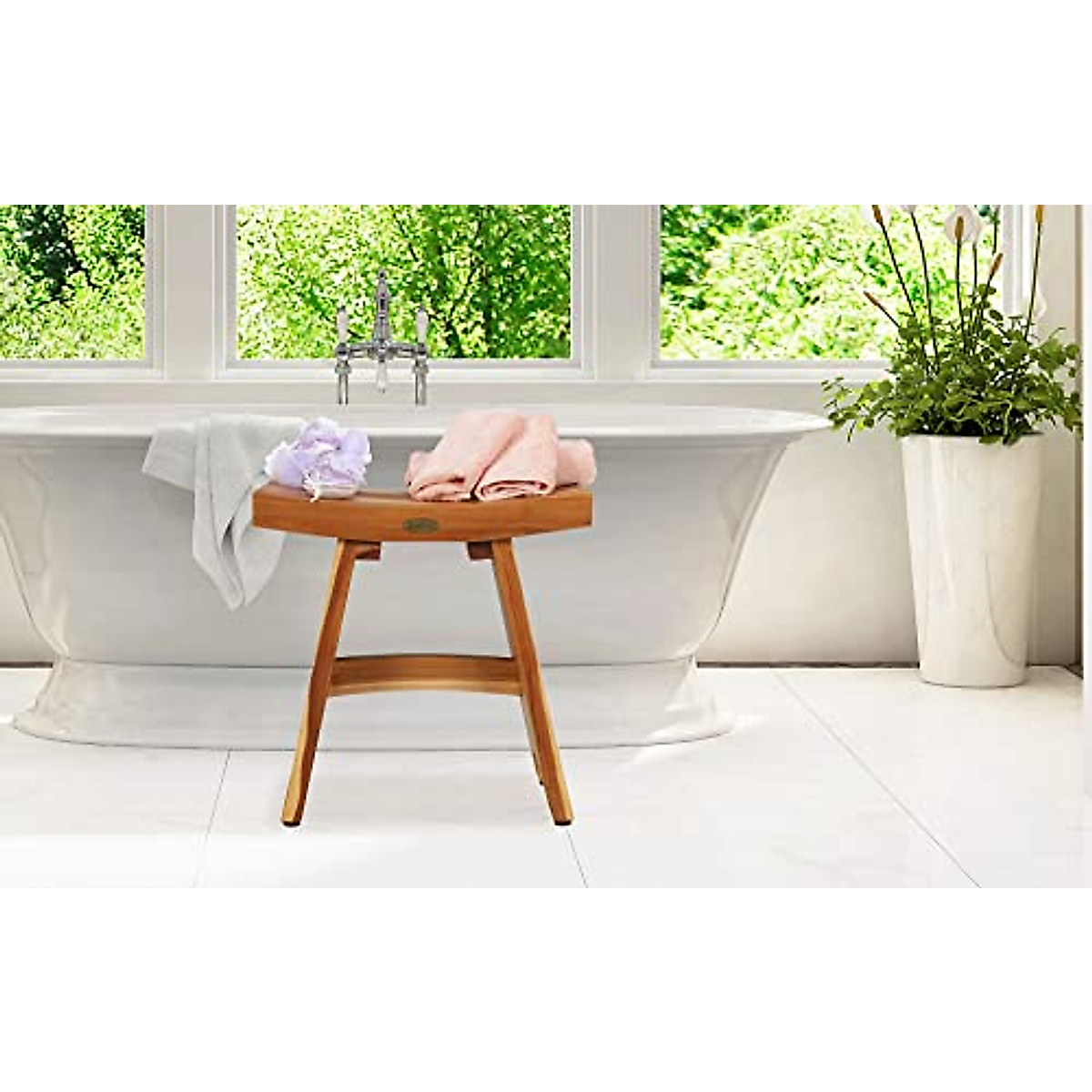 EcoDecors Snazzy Corner Teak Shower Corner Shelf 18" Tall Natural Wood Corner Shower Seat Bench with Shelf 60 Degree Oasis Corner Stool in Earthy Teak Finish