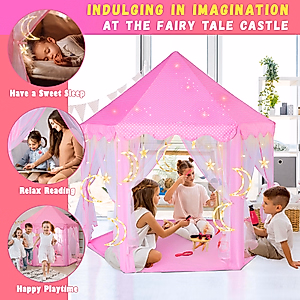 LOJETON Princess Castle Play Tent with Big Moon Star String Lights for Girls, Large Hexagon Playhouse, Kids Dream Tent Toy for Children Indoor Outdoor Games, 55" x 53" (Pink)