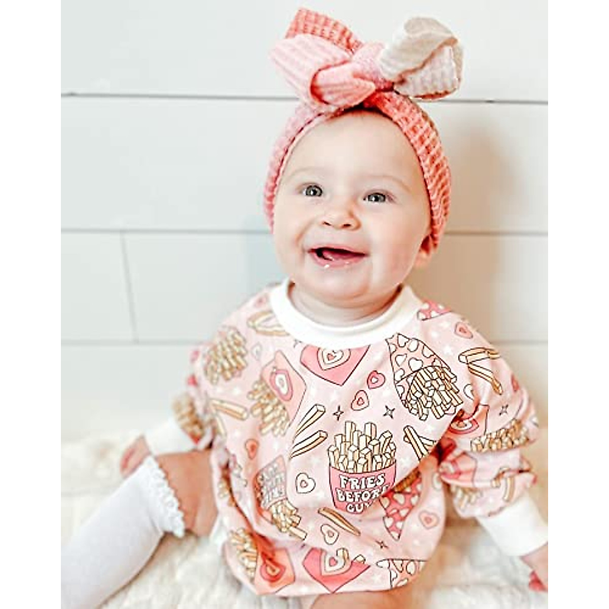 OikMombiu Newborn Baby Girl Boy Valentines Day Outfit Fries Before Guys Bubble Romper Crewneck Sweatshirt Onesie Cute Clothes(Full French Fries Pink, 0-3 Months)