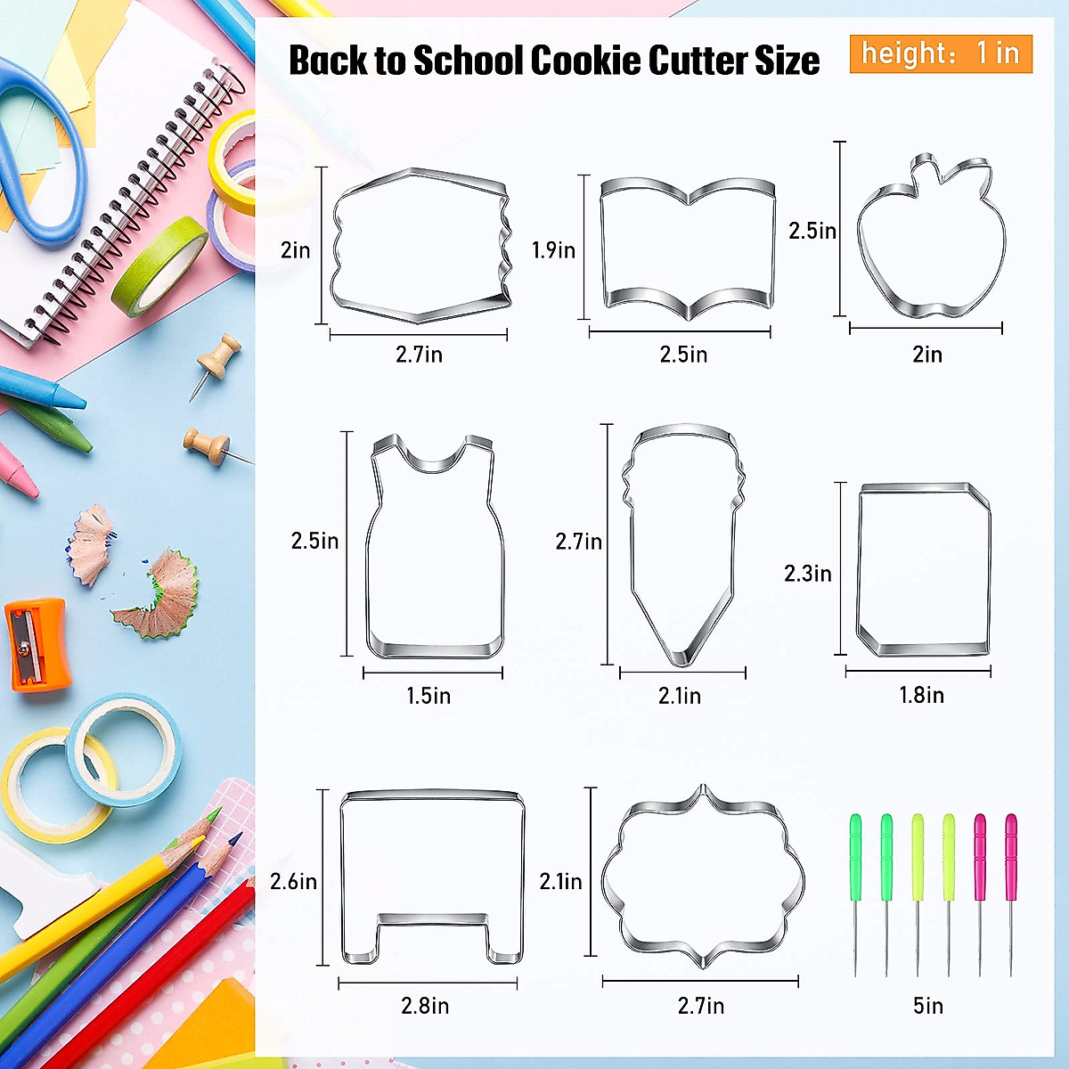 8 Piece Back to School Cookie Cutter Fondant Cutter Shapes Mini Plaque Frame Stainless Steel Biscuit Cutter and 6 Pieces Sugar Stir Needles Sugar Stirring Pins for Kitchen Baking
