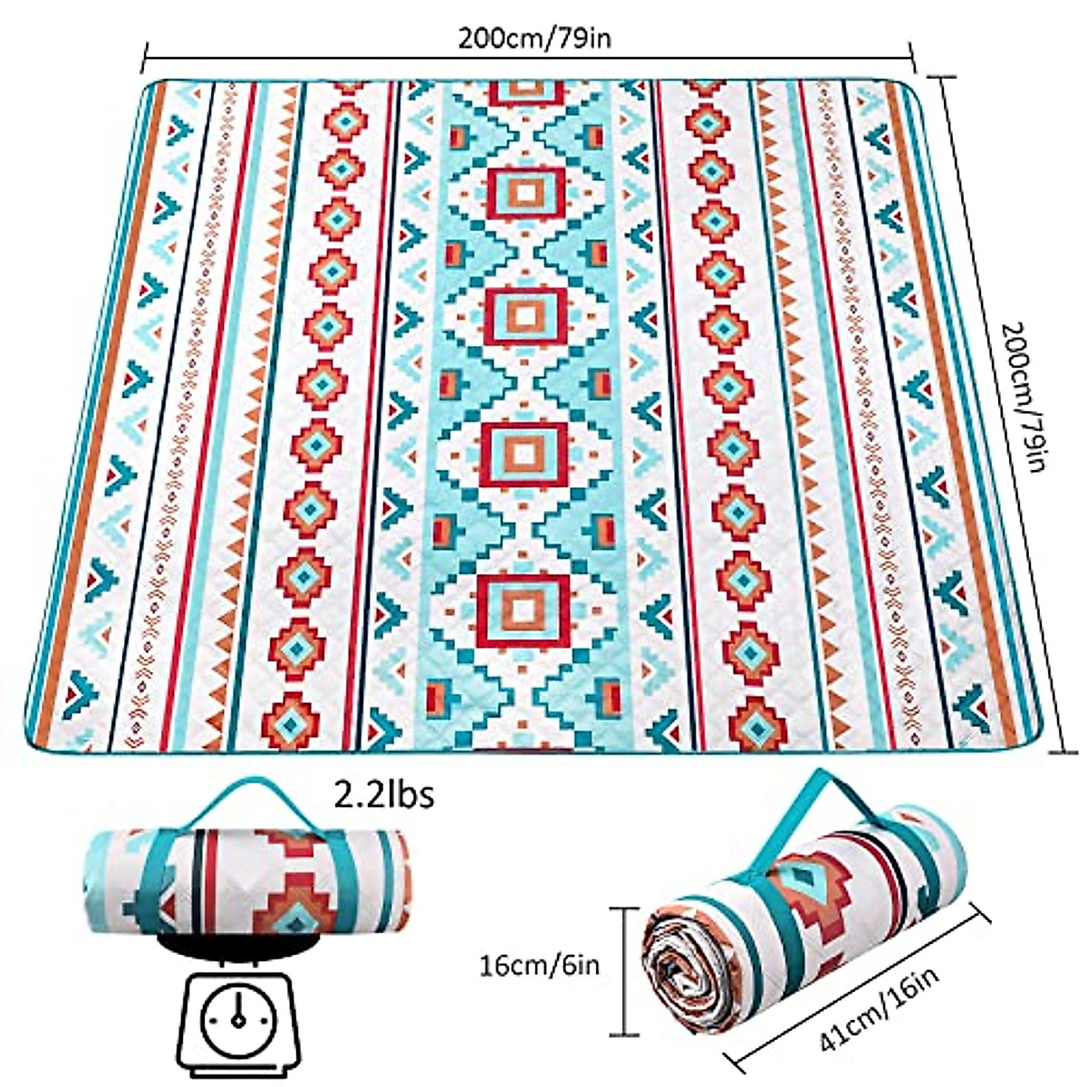 ZYlifemagic Extra Large Outdoor Picnic Blankets Waterproof, for The Beach, Camping Travelling on The Grass, Park Blanket, Rolling Up Packaging，Portable Carring, 79" x 79" Picnic Mat - Aksu Style