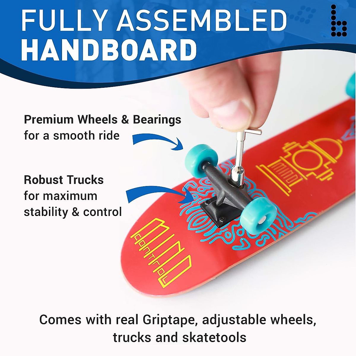 Mini Skateboards for Kids & Adults Braille Skateboarding 11” First Try Pro Fingerboard Hand Skateboard Toy Set, Handboard Finger Board + Real Tools, Deck Grip Tape, Adjustable Hardware, Wheels, Trucks