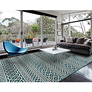 RUGBUGGERY Indoor Outdoor Anti-Fade Moroccan Boho Panel Area Rug 8'x10' Ocean Blue (Bohemian, Southwestern, Transitional, Pet Friendly, Non Shedding, Stain Resistant)