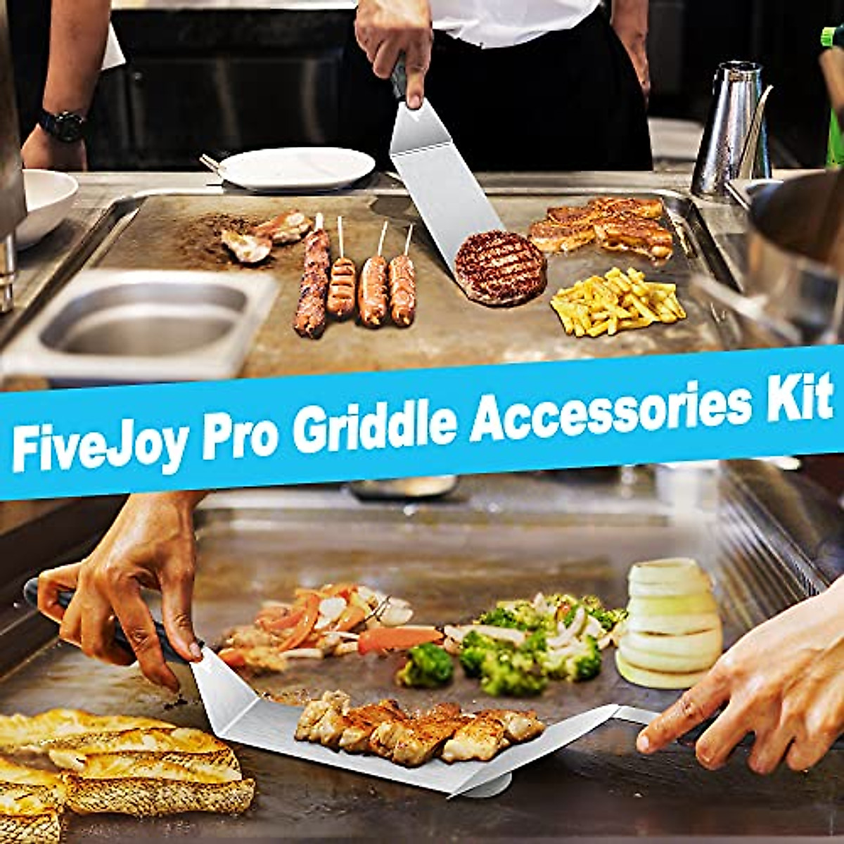 FiveJoy Griddle Accessories Kit, Flat top Grill Set for Blackstone and Camp Chef, BBQ Spatula Tools with Metal Spatula, Scraper, Egg Rings, Cleaning Kit for Camping (17 PCS)- Gift for Men, Women, Dad