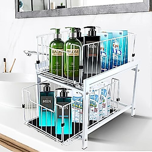 ZMJESSNIA Under Sink Organizer, 2 Tier Sliding Basket Drawer Organizer, Pull Out Under Sink Cabinets Organizer,Metal Home Organizer for Bathroom or Kitchen Pantry,White
