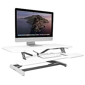 Mount-It! Height Adjustable Stand Up Desk Converter, 38” Wide Tabletop Standing Desk Riser with Gas Spring Desktop Standing Desk with Keyboard Tray Fits Two Monitors, White