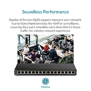 D-Link Ethernet Switch, 16 Port Gigabit Slim Switch Plug and Play, Unmanaged, Metal Housing, Quiet Fanless Design, IEEE 802.3az EEE, 5-Year Limited Warranty (DGS-1016S) Black