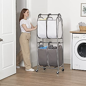 2 Tier Vertical Rolling Laundry Cart by Neatfreak! - Rolling Storage Cart On Wheels With 4 x Tote Hampers For Laundry, Towels, Blankets & Bathroom Organization - Quad Laundry Sorter