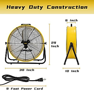 HiCFM 8200 CFM 24 inch Portable High Velocity Drum Fan With Powerful 1/3 HP Motor, Turbo Blade, 3 Speed Low Noise Design and 9ft Power Cord for Air Circulation, Convenience - UL Listed