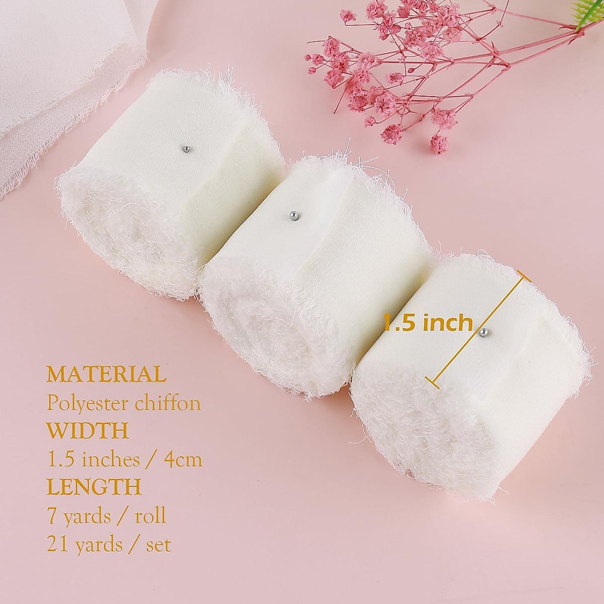 GLAMFIELDS Chiffon Ribbon Fringe Fabric Set 1.5" x 21Yd for Bouquets Wrapping, Wedding Invitations, Decorations, Gifts Wrapping & Bow Making,3 Rolls Cream White