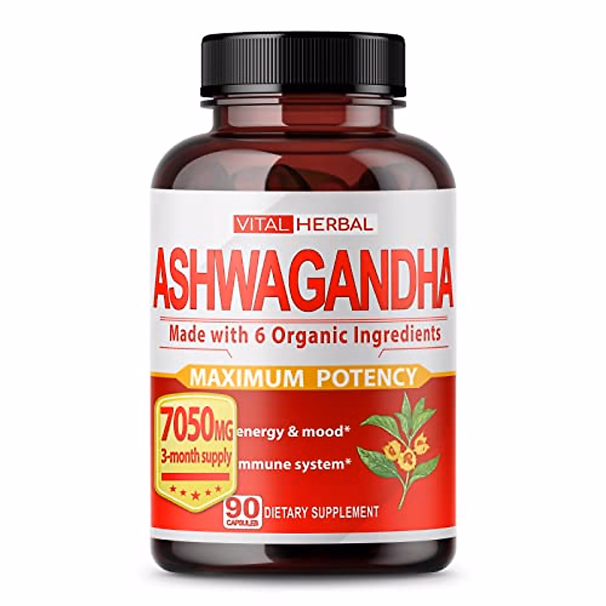 Organic Ashwagandha Capsules Equivalent to 7050mg - Maximum Potency with L-Theanine Turmeric Rhodiola St. John's Wort Increase Strength Focus Mood Sleep Support - 90 Days Supply