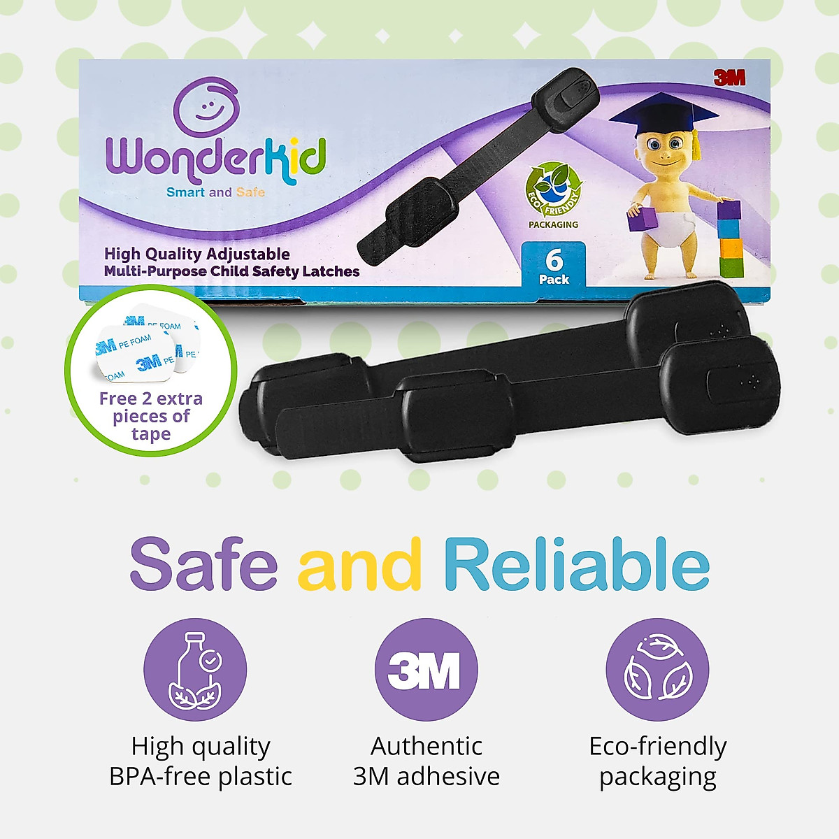 Adjustable & Reusable Child Safety Cabinet Locks & Latches, Baby Proofing Door Window, Cabinet, Toilet, & Refrigerator Lock, Child Safety Strap Locks with Adhesive Pads, Pack of 6, Black - Wonderkid