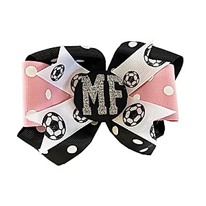 Soccer Bow with Glitter Initial or Number Button, Hot Pink Black and White, Baseball Softball Cheer and Volleyball Football